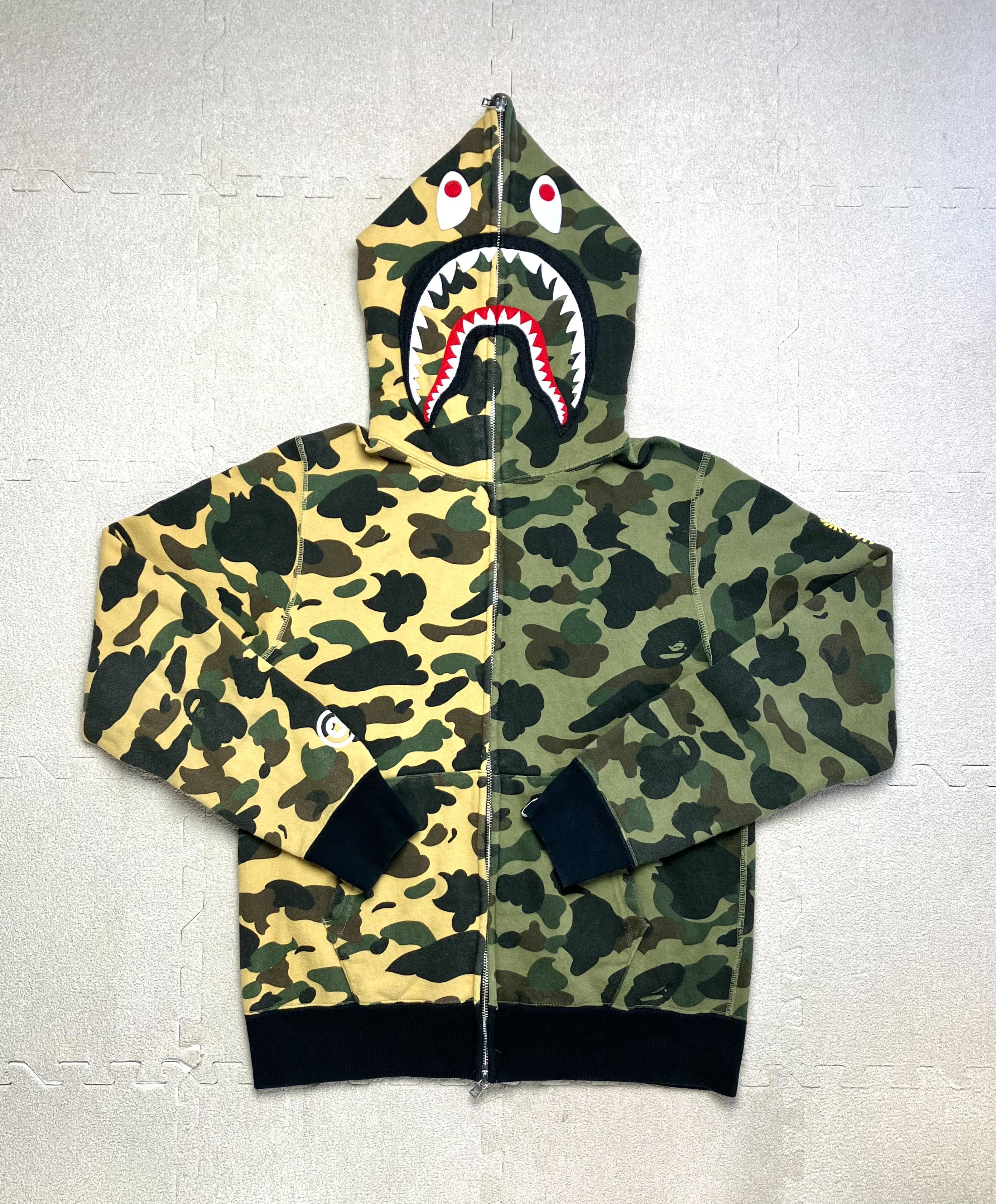 Bape Bape 1st Camo Green Yellow Half Shark Full Zip Hoodie | Grailed