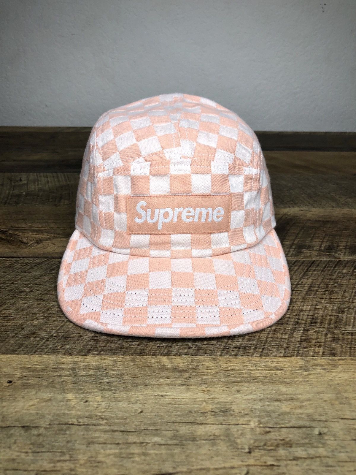 Supreme Checkerboard Camp Cap peach | Grailed
