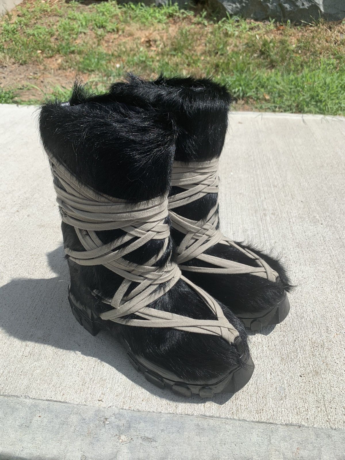 Rick Owens Rare Black Fur Megalace Lunar Boots | Grailed