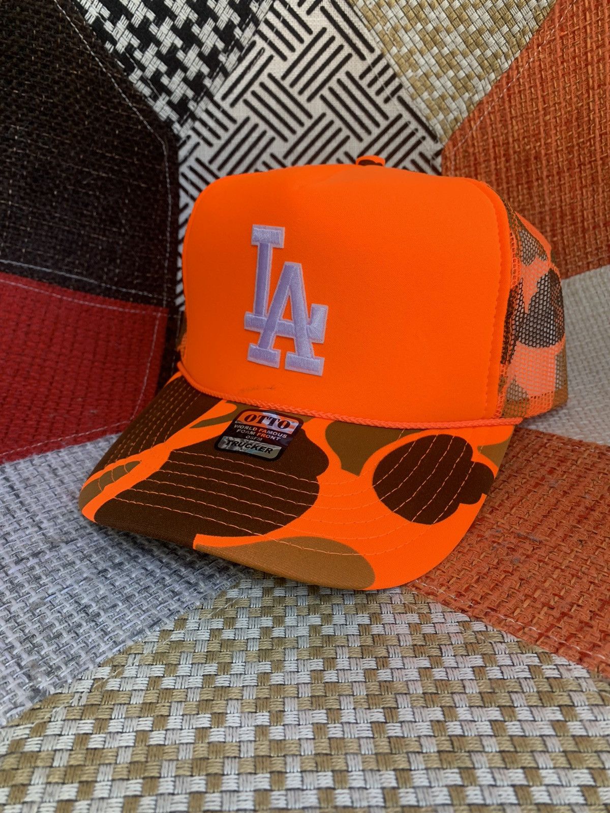 Streetwear New LA Dodgers Orange Camo High Crown Trucker Hat | Grailed