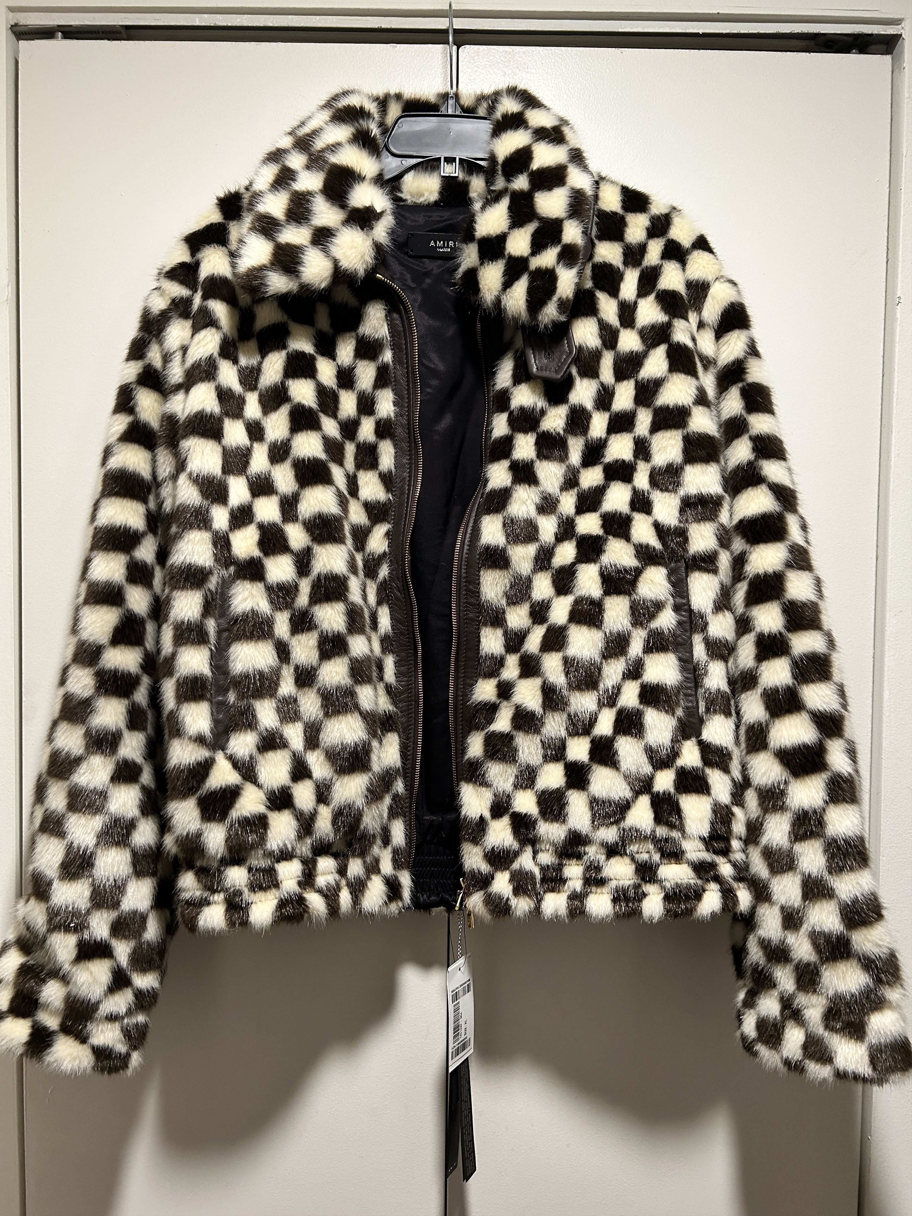 Amiri Amiri CHECKERED FAUX FUR BLOUSON BLACK / WHITE | Grailed