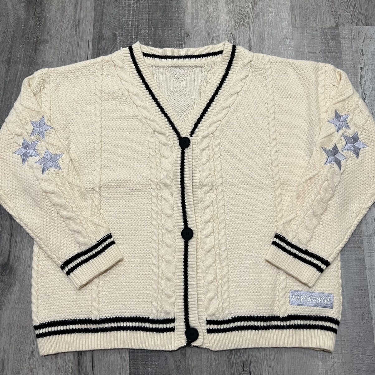 American Apparel TAYLOR SWIFT Ivory/Blue Cotton Cable Knit Cardigan ...