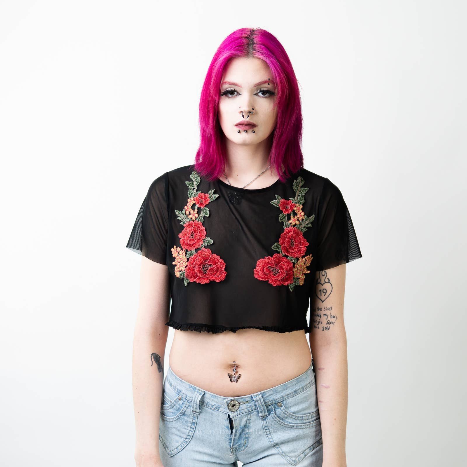 Designer Embroidered Floral Rose See Through Sheer Mesh Rave Crop Top ...