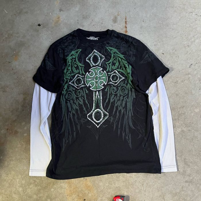 Vintage vintage y2k 2000s mma elite layered tee green cross wings | Grailed