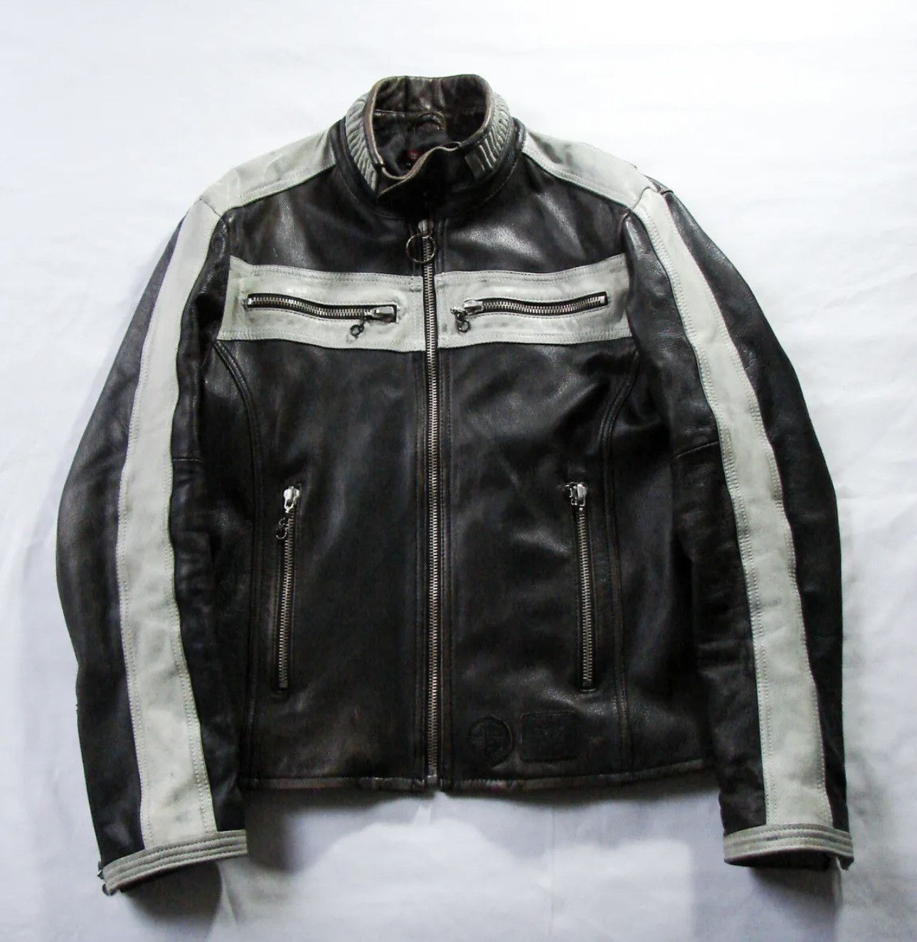 Diesel Diesel Valden Brown Mint Striped Leather Cafe Racer Jacket | Grailed