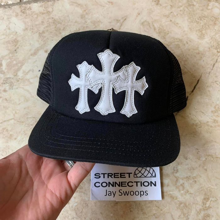 Chrome Hearts Chrome Hearts Triple Cross White Leather Trucker Hat ...