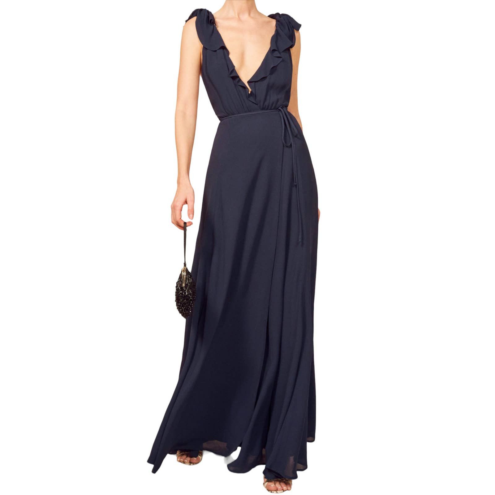 Reformation Reformation Peppermint V Neck Maxi Wrap Ruffle Slit Dress ...