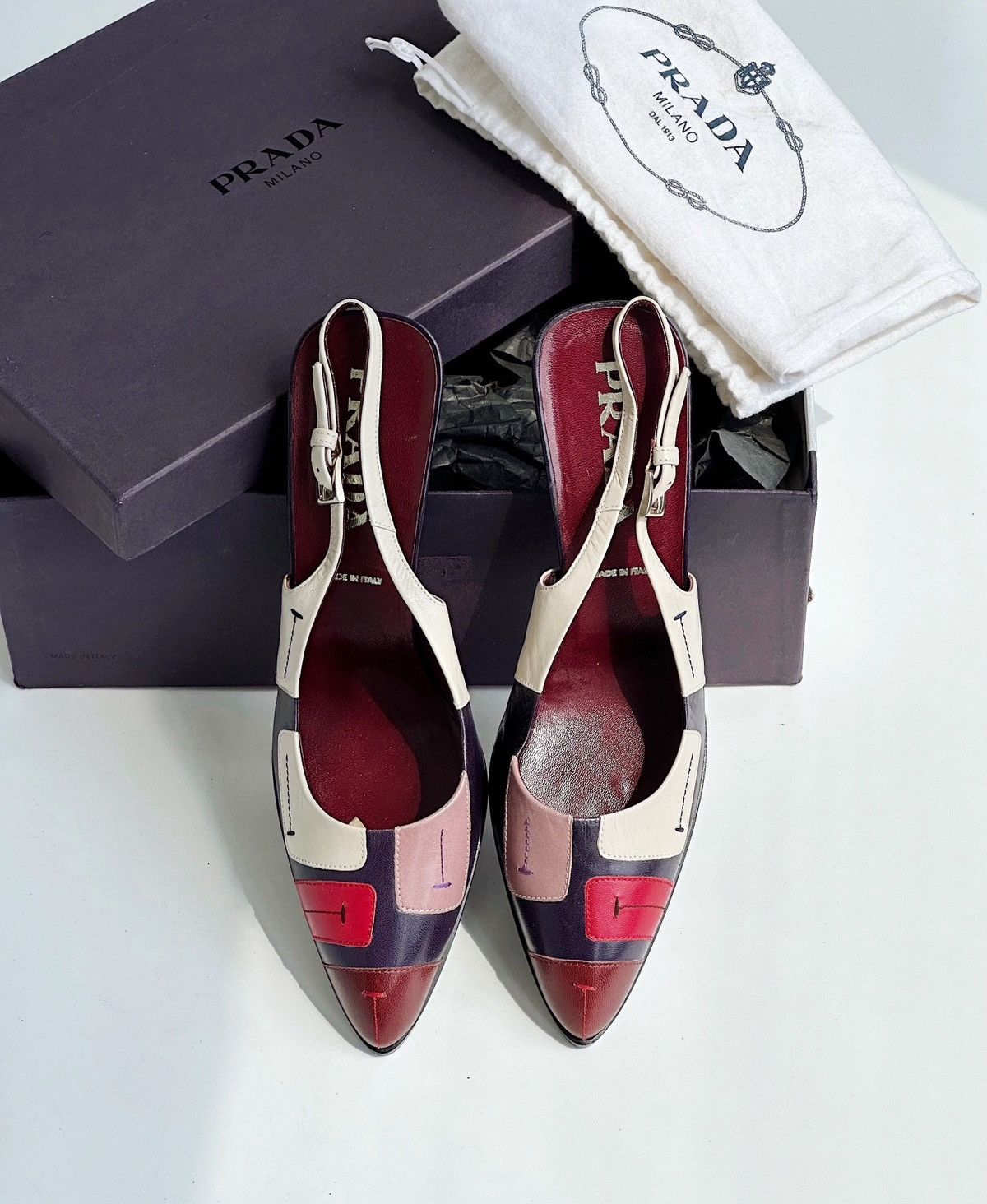 Prada × Streetwear × Vintage *sz37.5* PRADA 2001 Patch Backsling Kitten Heels y2k archive | Grailed