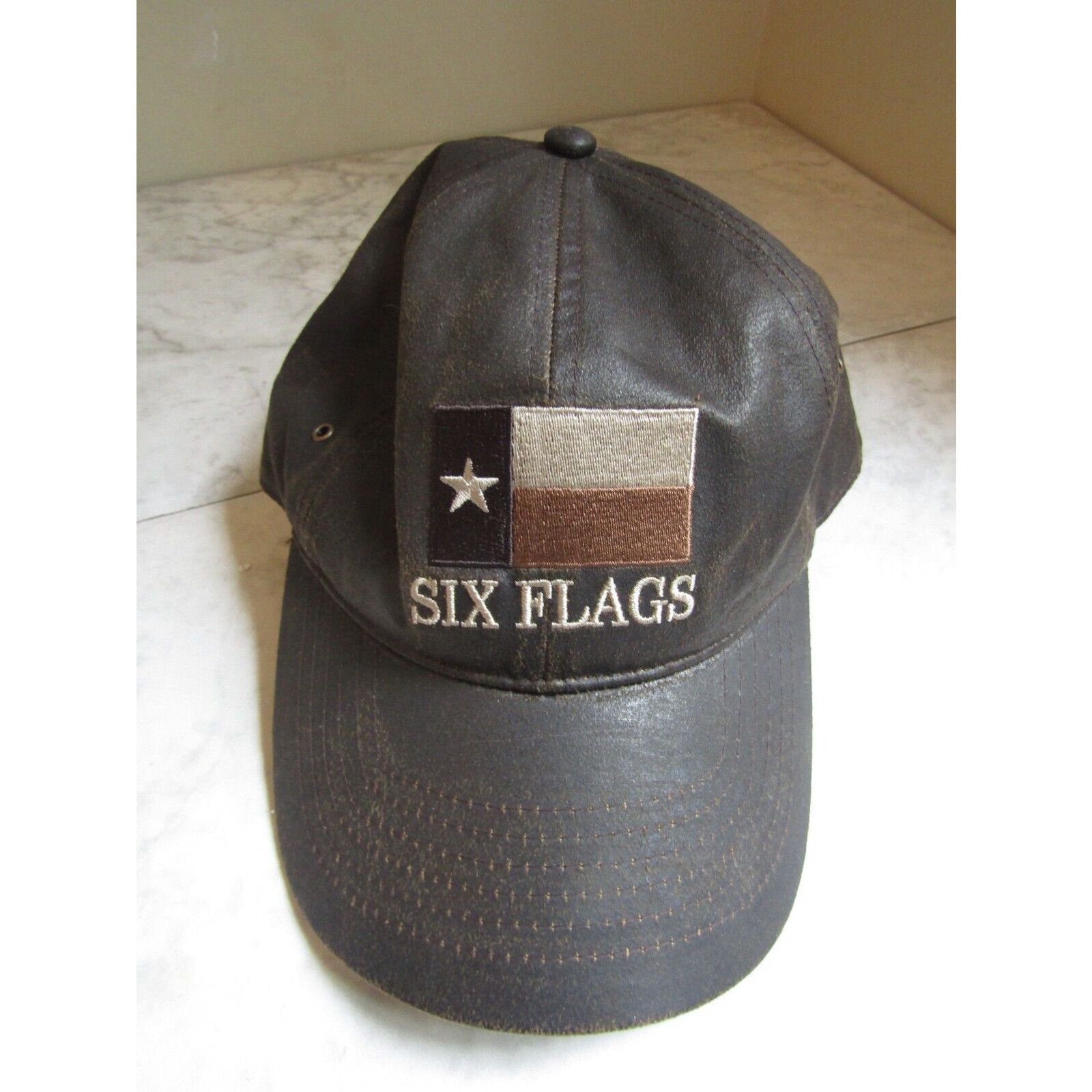 Vintage Six Flags Entertainment Corp Brown Logo PU/Polyester Adj ...