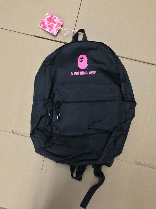 Bape A BATHING APE BAPE HEAD LOGO BLACK PINK BACKPACK BOOKBAG | Grailed
