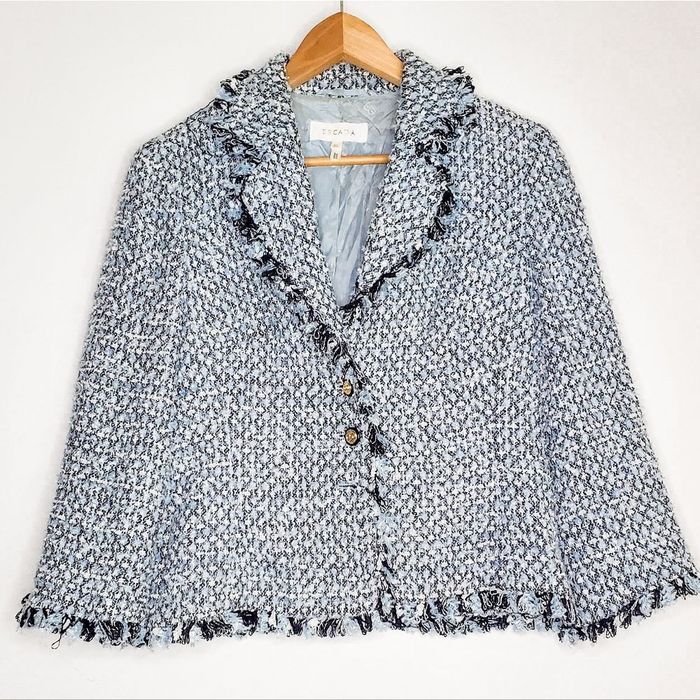 Escada Escada Light Blue Black Boucle Knit Tweed Fringe Notched Col ...