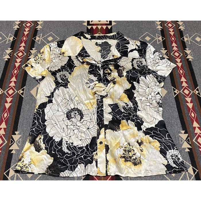 Vintage St. John Silk Blouse Sz 14 Short Sleeve Button Front Semi-Sheer Black Yellow T31 | Grailed