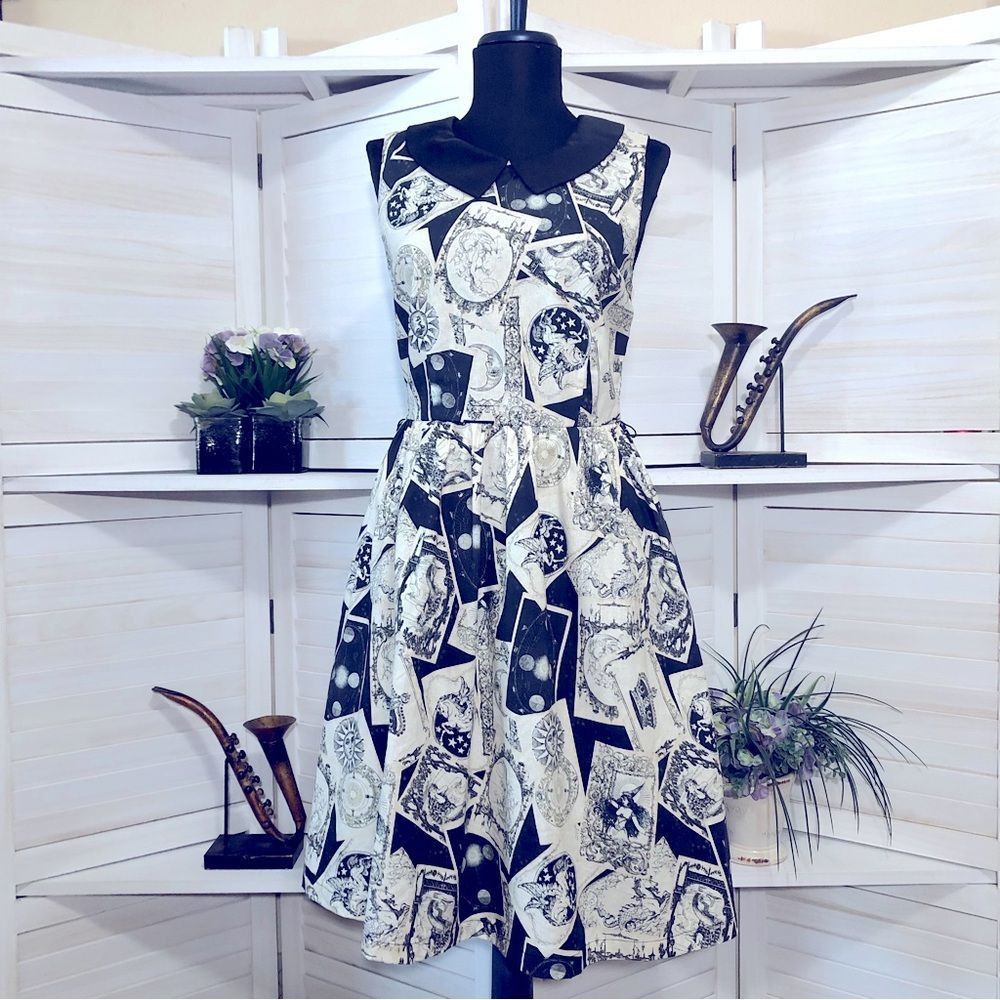 Streetwear ModCloth black cream Tarot card print dress Peter Pan collar ...