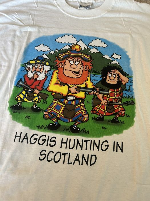 Vintage Vintage 1990s Haggis Hunting In Scotland Humor Joke T-Shirt ...