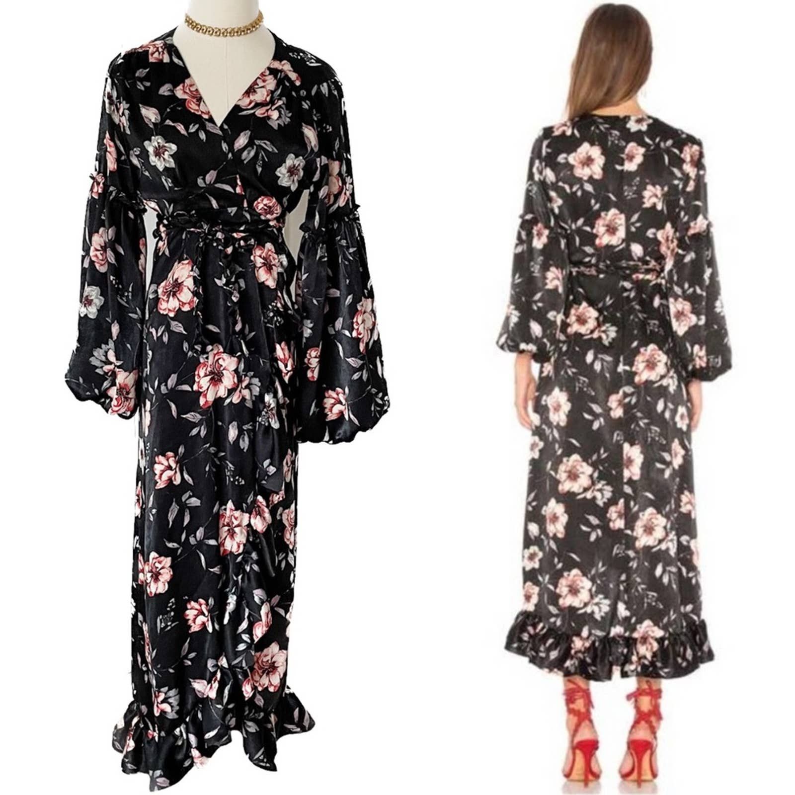 MISA Los Angeles MISA LA Luna Black Floral Satin Bubble Sleeve Wrap ...