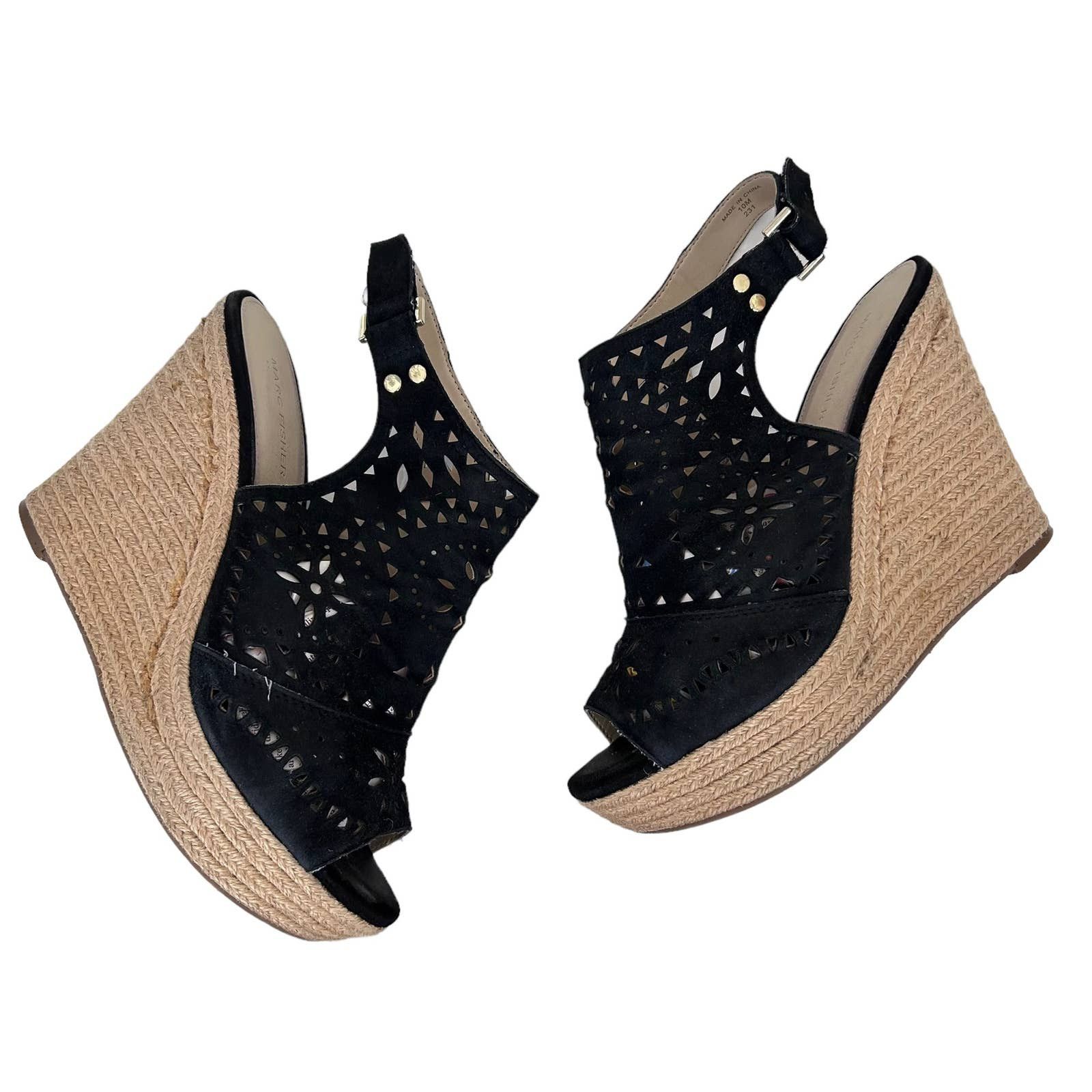Marc Fisher Marc Fisher Black Suede Perforated Espadrille Wedges Sz 10 ...
