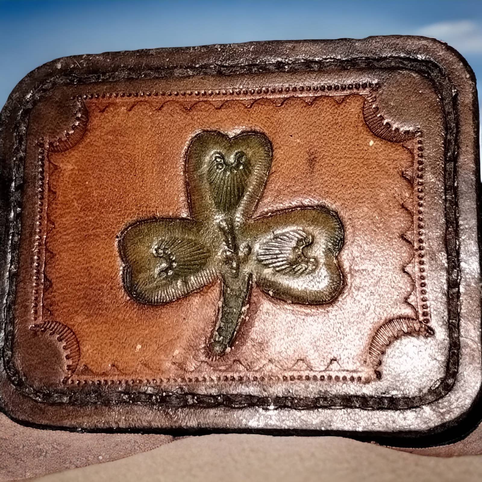 Handcrafted mid-century three leaf clover leather brown belt buckle ...