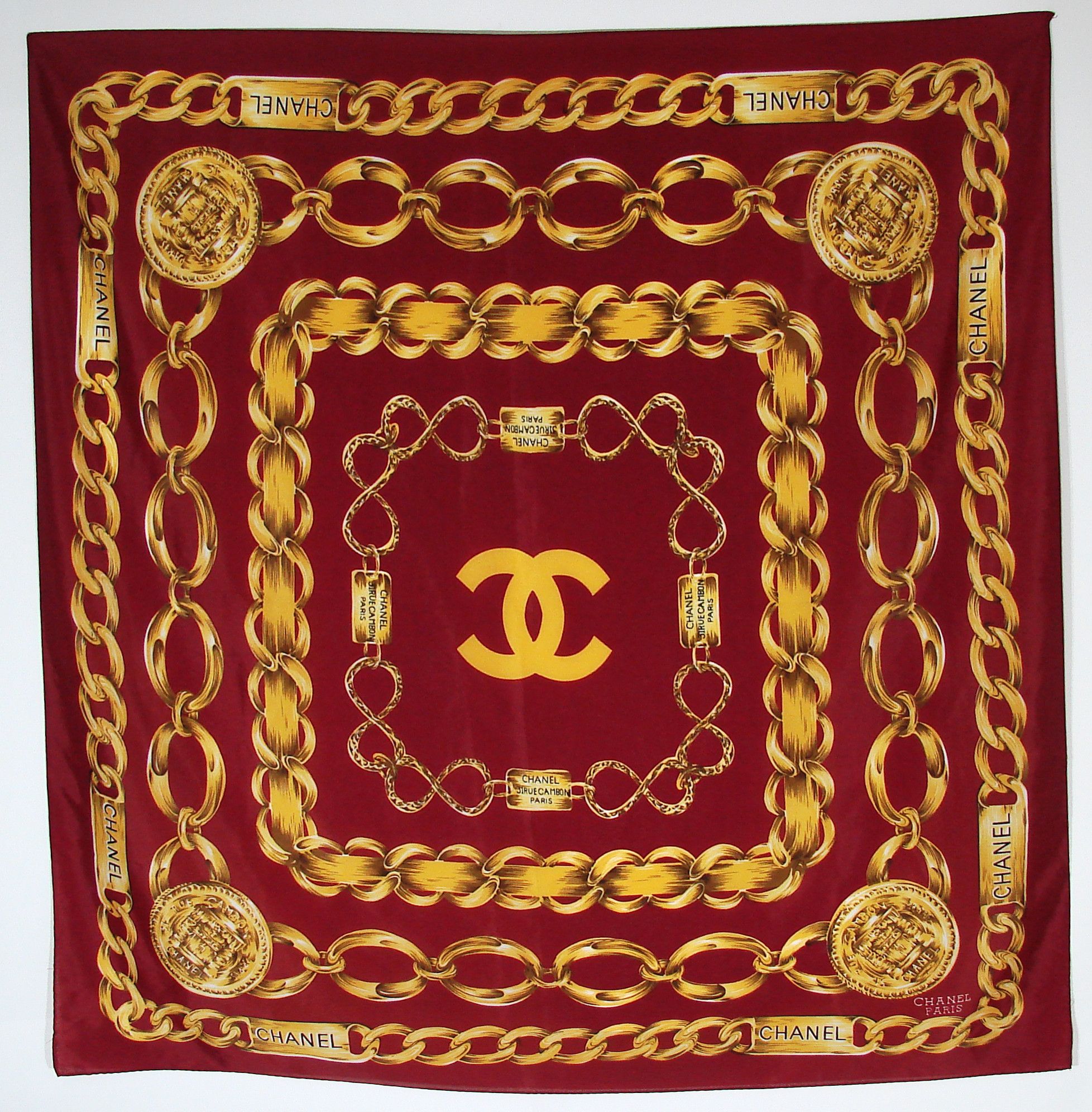 Chanel RARE VINTAGE CHANEL PARIS GOLD CHAINS LUXURY DESIGN SILK SCARF ...