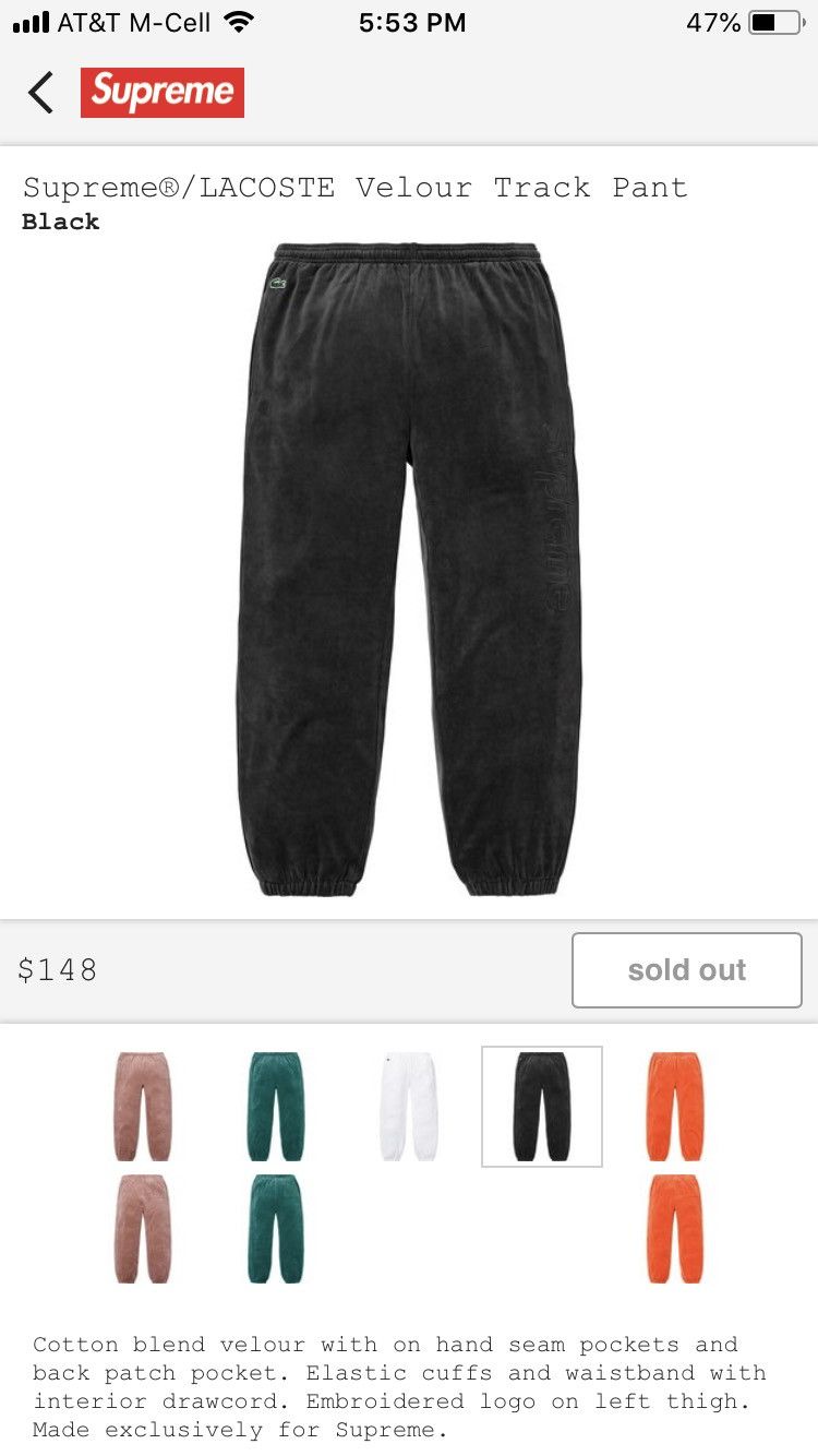 Supreme lacoste velour pants store