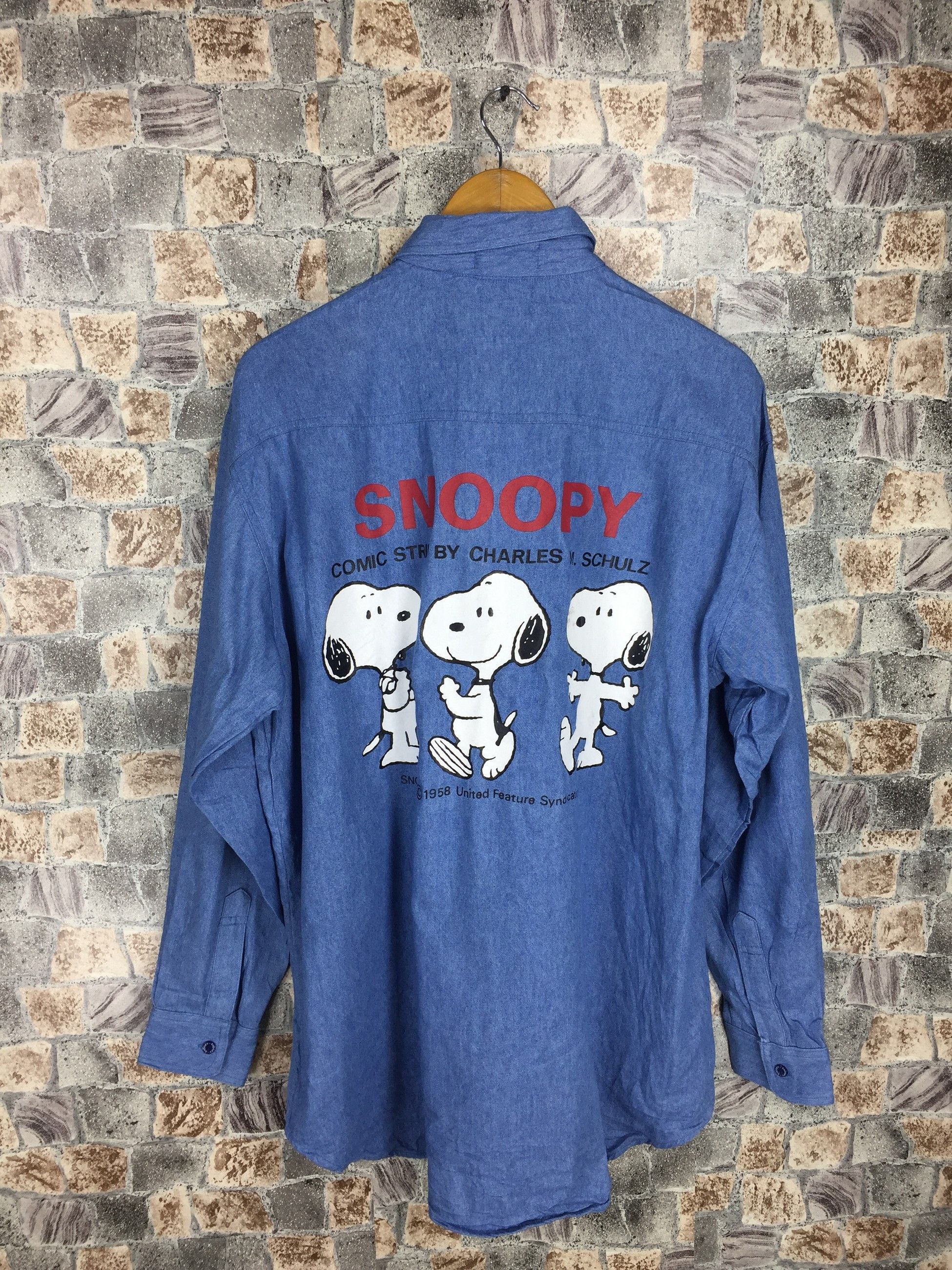 Peanuts SNOOPY Woodstock Denim Blue Shirt Large Vintage 90's Snoopy Joe ...