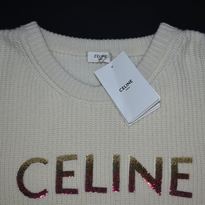 Celine CELINE Cream Wool Sequin Logo Crewneck Sweater | Grailed