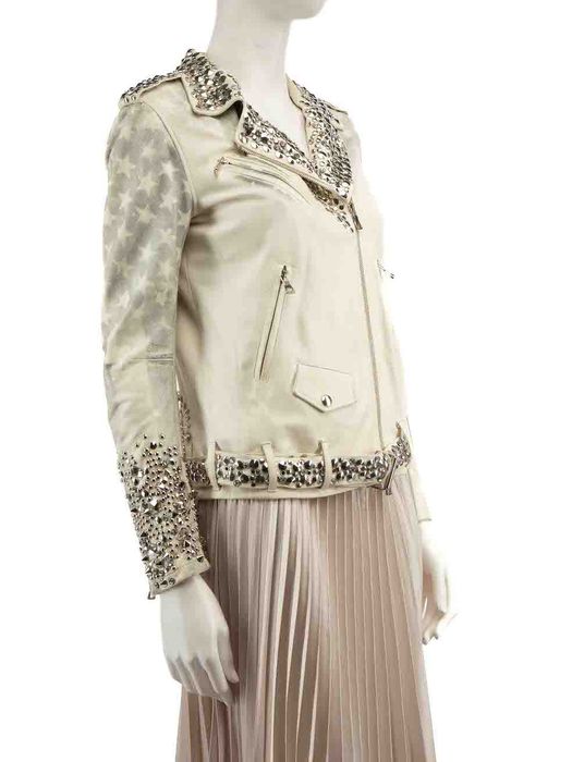 Balmain Ecru Leather Safety Pin Stud Biker Jacket | Grailed