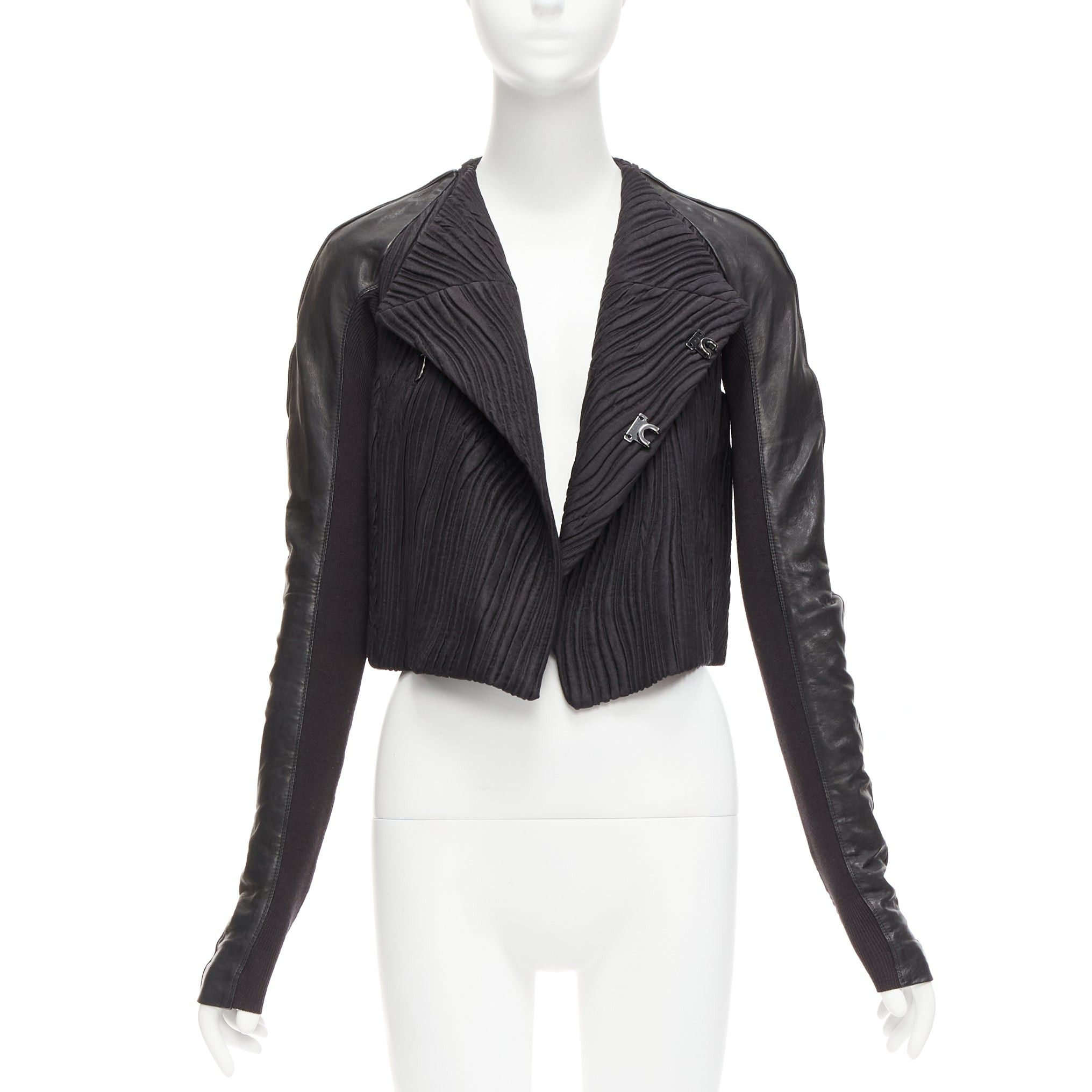 Rick Owens black leather sleeves textured quilted silk jacket IT40 S ...