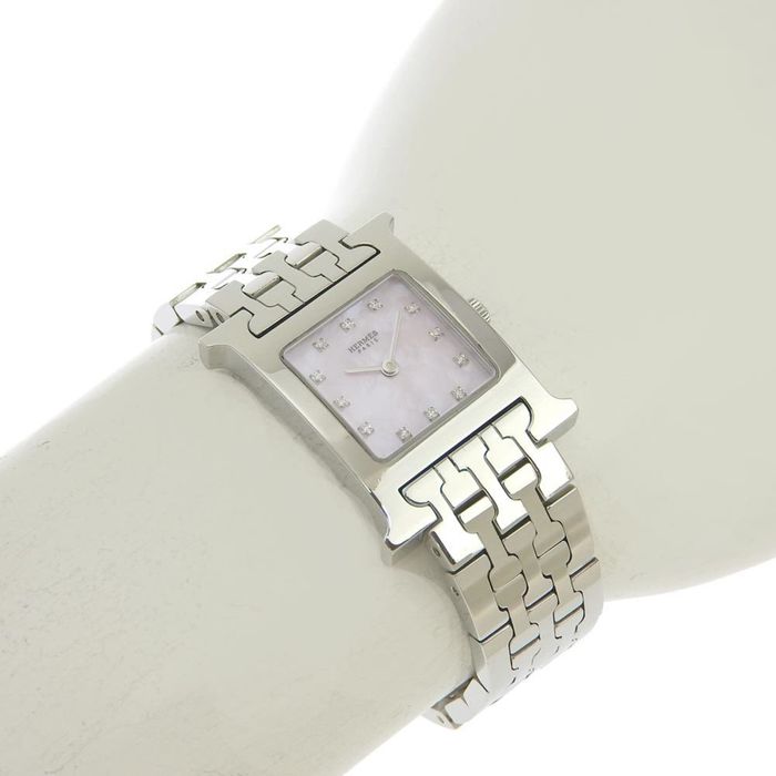 Hermes HERMES H Watch Ladies Quartz Battery Pink Shell Dial 12P Diamond ...