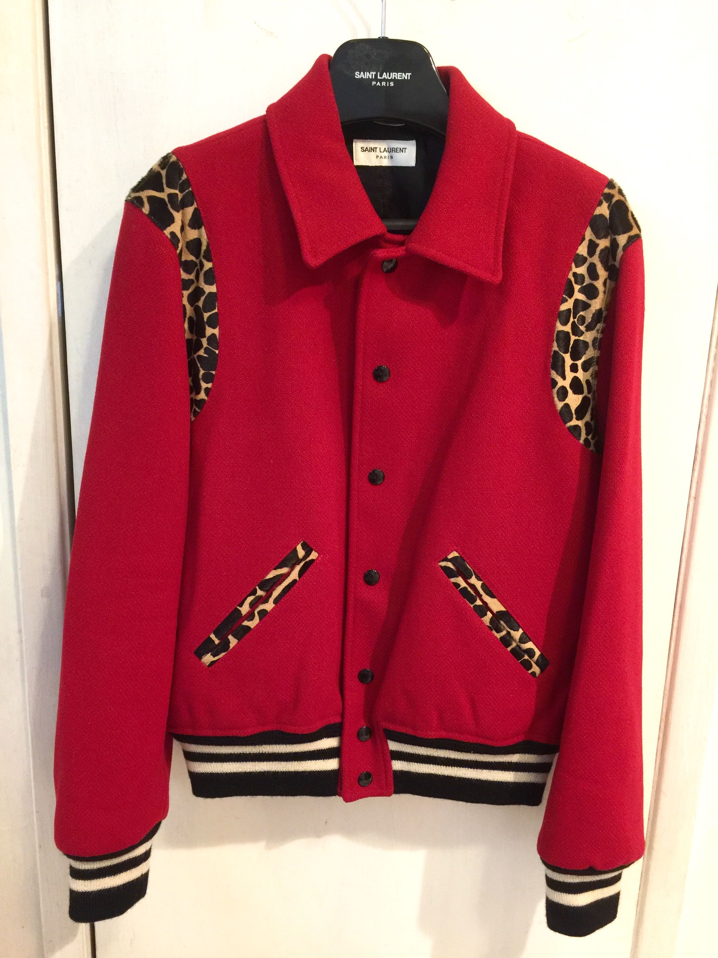 Saint Laurent Paris Red Teddy Leopard Varsity Jacket | Grailed