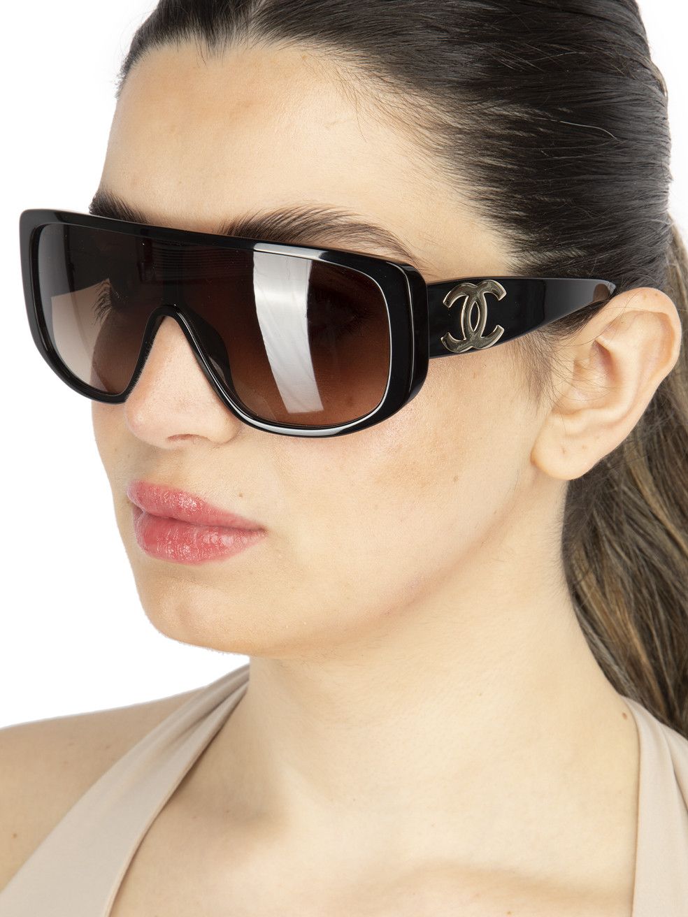 Chanel Black Logo Detail Shield Sunglasses | Grailed
