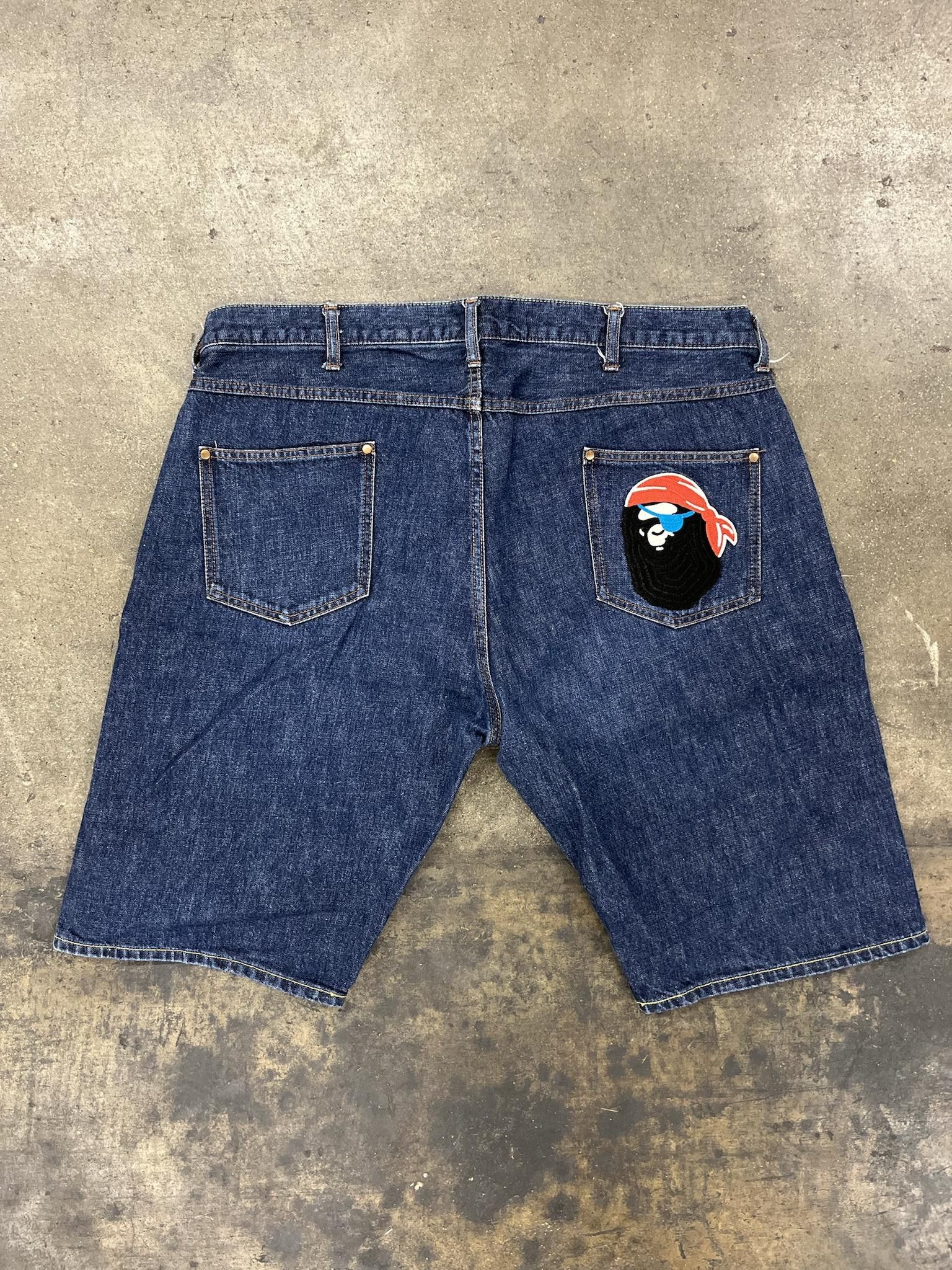 Bape × Streetwear Bape Pirate Store Dark Wash Jorts With Back Logo ...