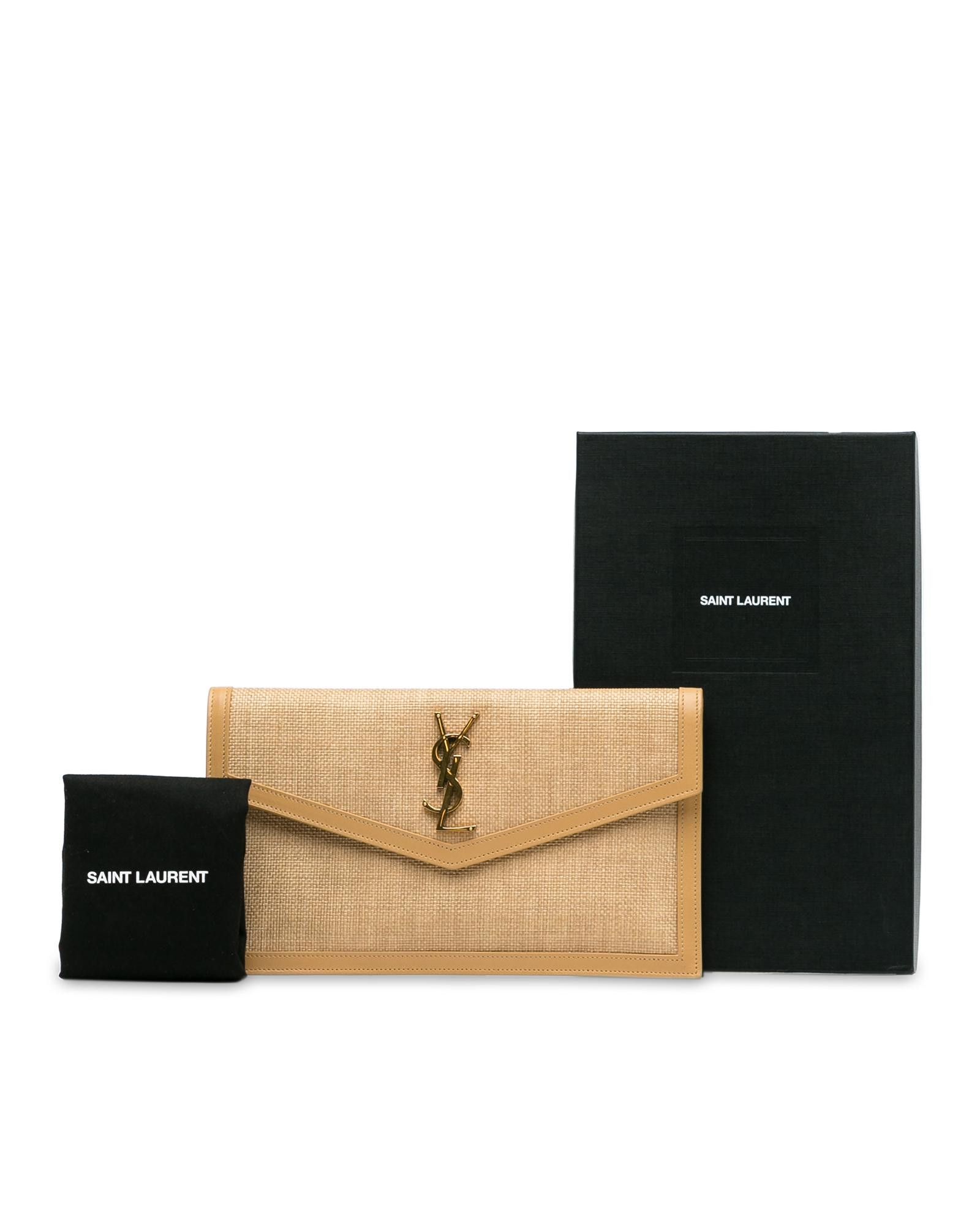 Yves Saint Laurent Raffia Clutch with Leather Trim and Gold Hardware ...