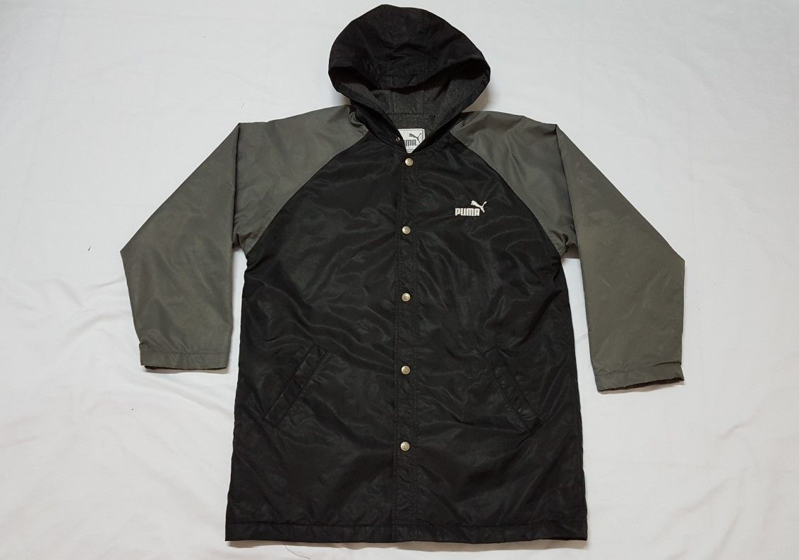 Puma Puma long jacket hooded script big logo button down color blocked ...