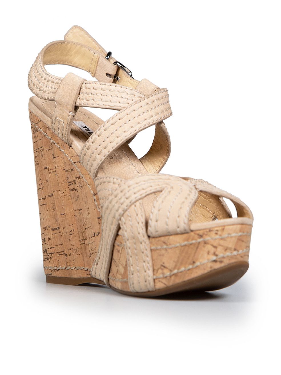 Miu Miu Ecru Leather Wide Stitch Cork Wedge Sandals | Grailed