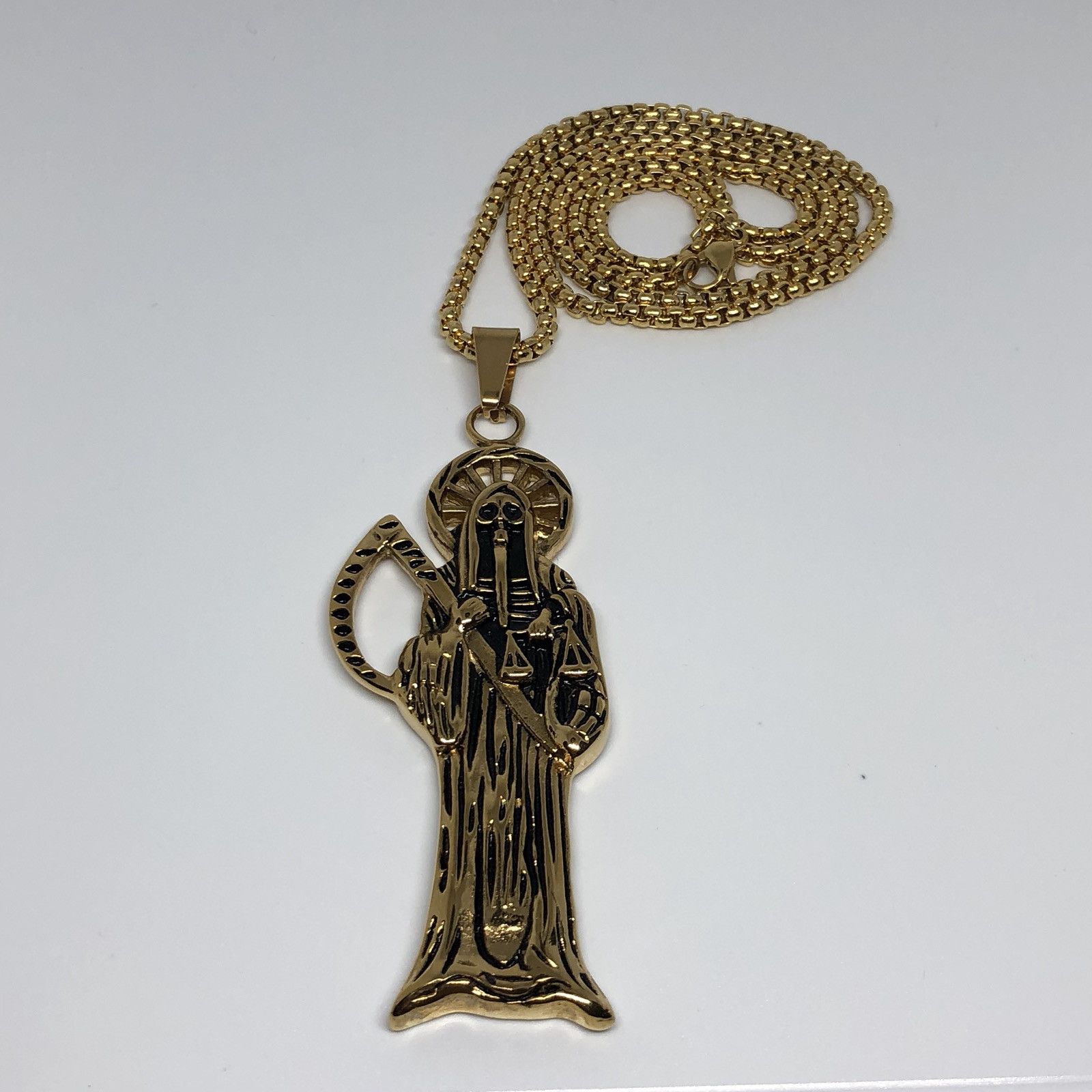 Jewelry 18k Santa Muerte Gold Plated Grim Reaper Necklace Pendant Box ...