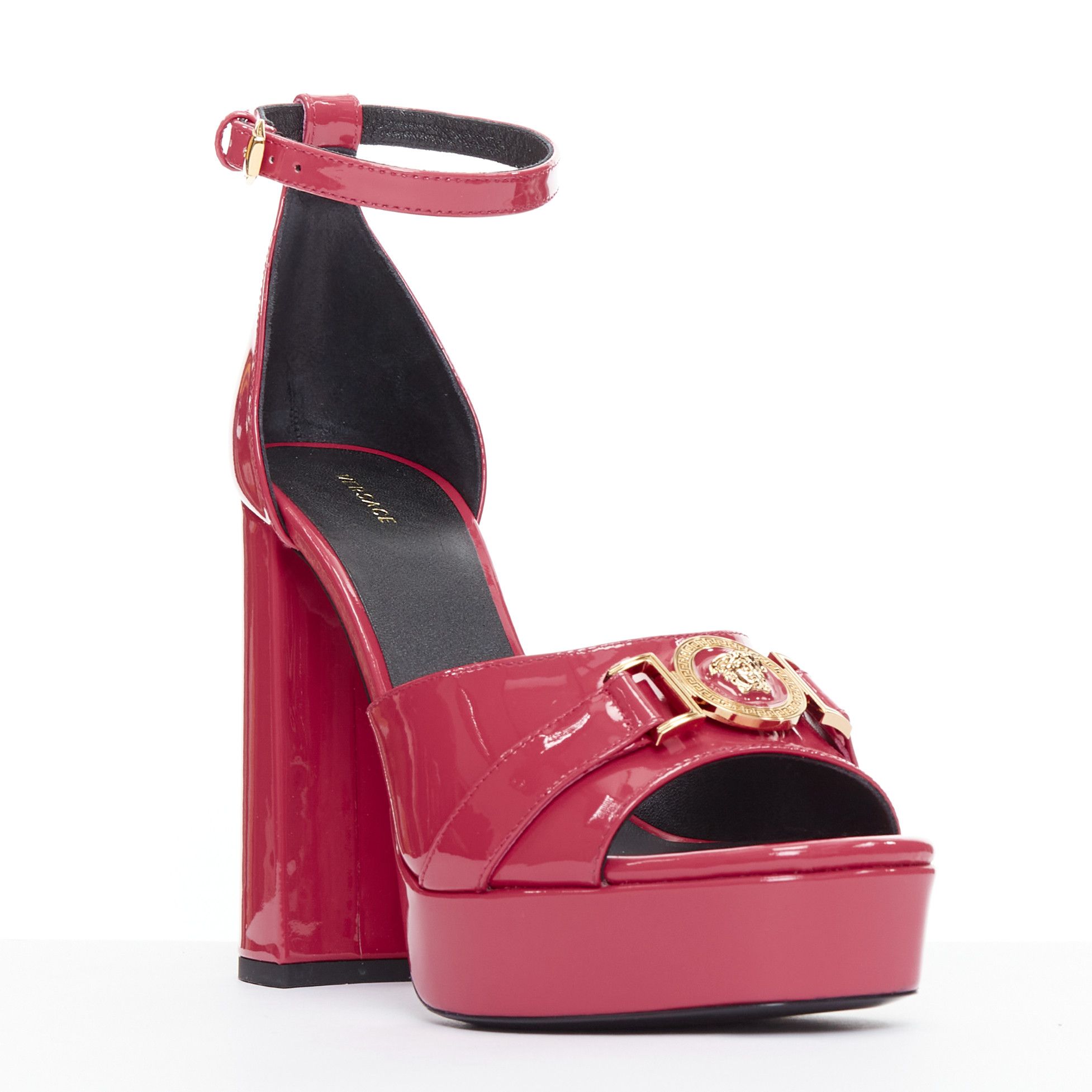 Versace VERSACE Tribute fuschia pink patent Medusa emblem open toe ...