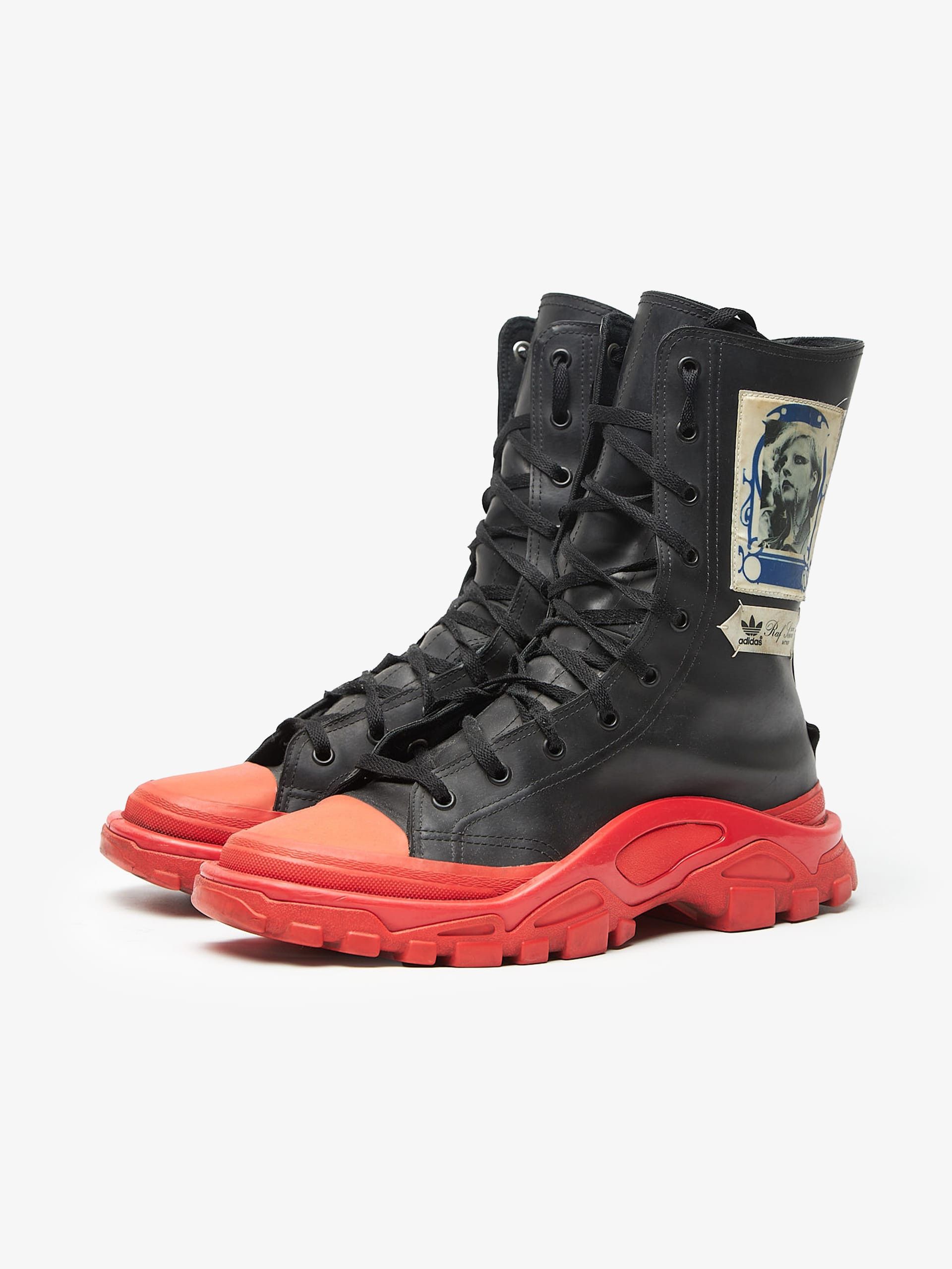 Raf Simons Black and Red Patched Detroit High Leather Boots | Grailed