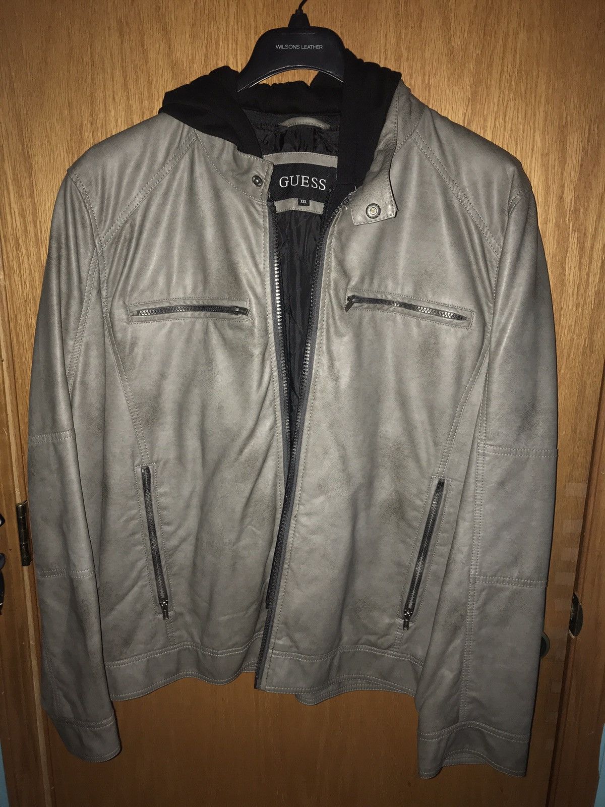 Guess Removable Hooded Grey Leather Jacket | Grailed