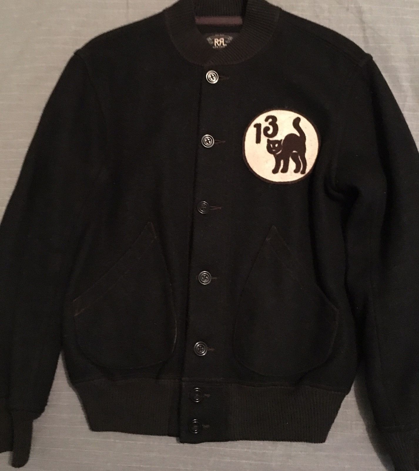RRL Ralph Lauren Black Wool Bomber Jacket With Cat Patch | Grailed