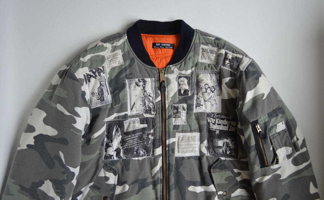 Raf Simons A/W 2001 'Riot Riot Riot' camo patch bomber jacket | Grailed