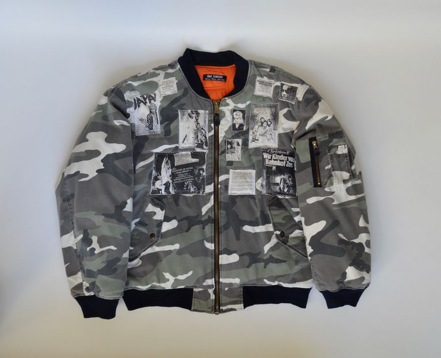 Raf Simons A/W 2001 'Riot Riot Riot' camo patch bomber jacket | Grailed