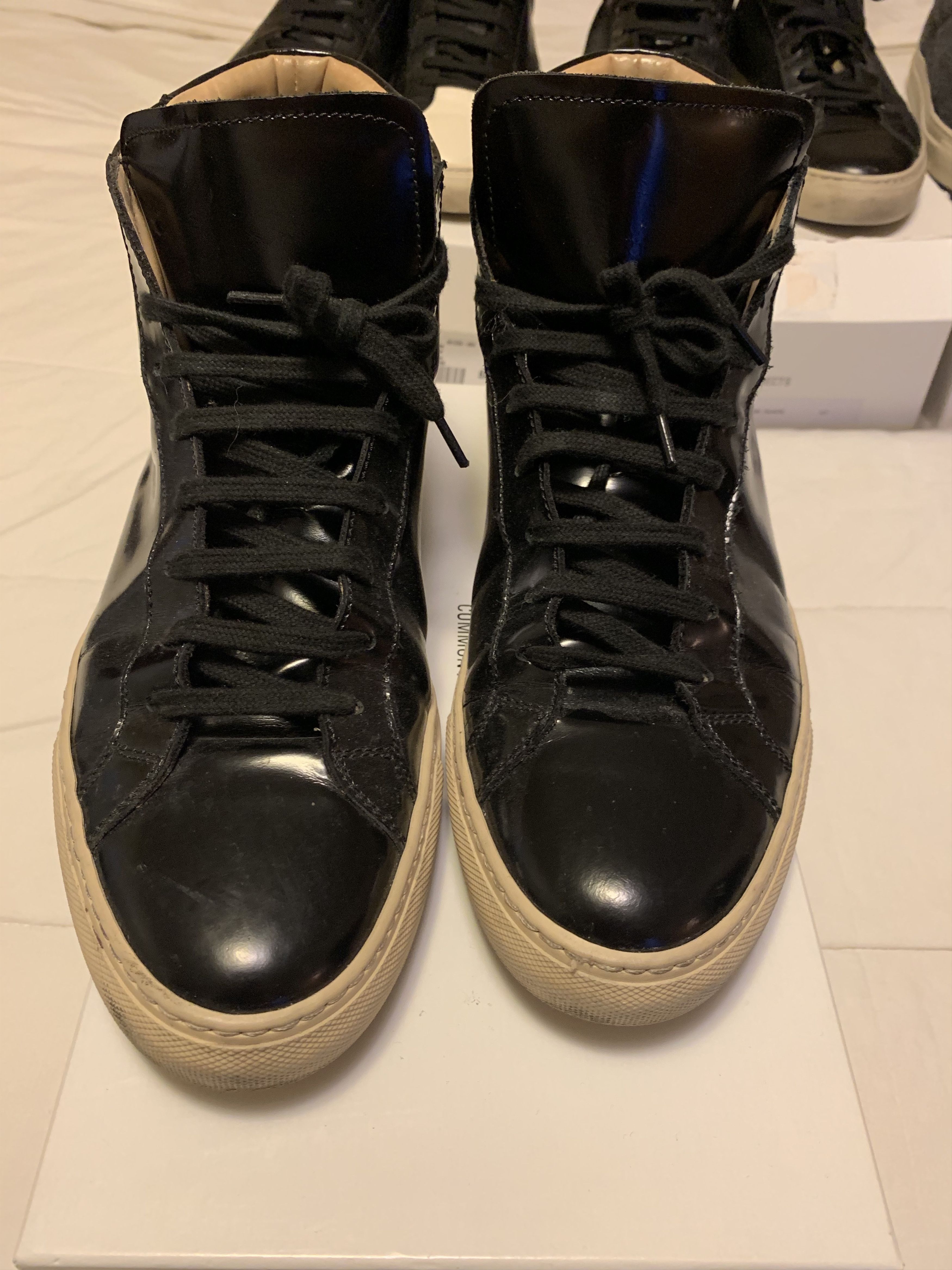 Common Projects HIGH TOP PATENT LEATHER TOURNEY BLACK | Grailed