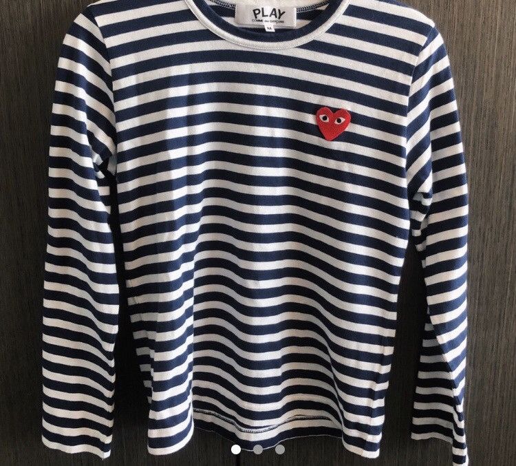 Comme des Garcons CDG play Striped tee (navy/white) with red heart ...