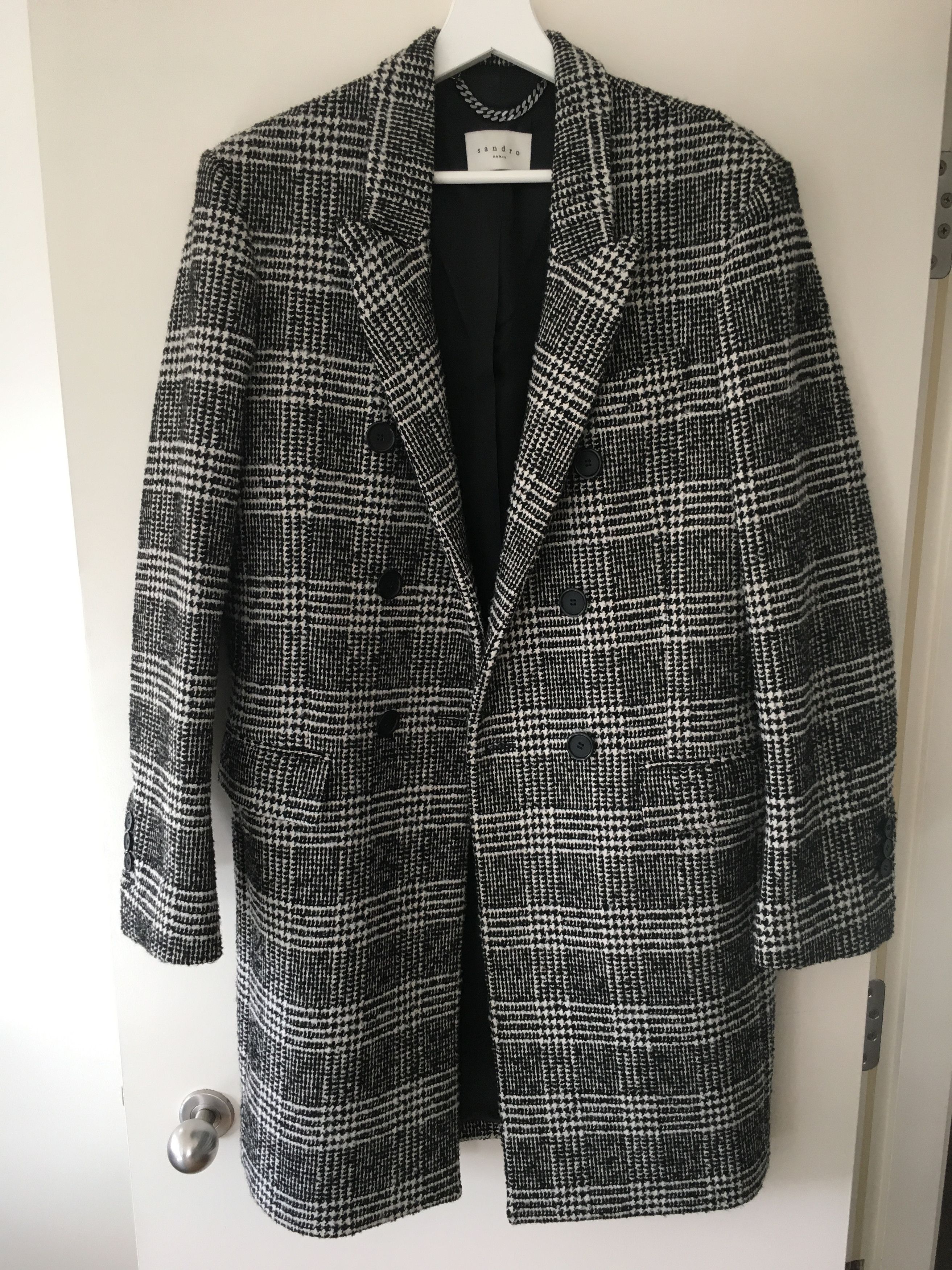 Sandro CHECK LONG COAT DOUBLE BREAST | Grailed