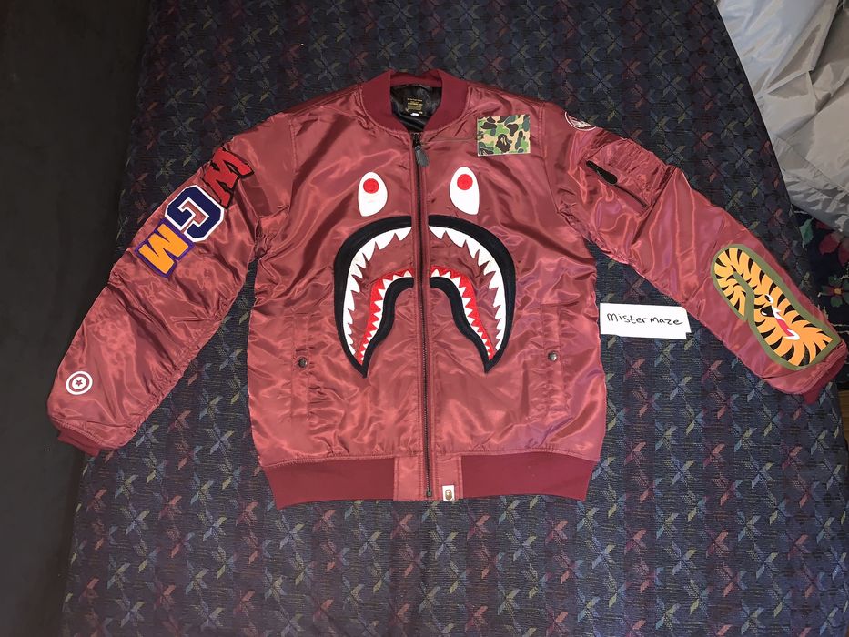 Bape Maroon Shark Bomber Insulated Jacket | Grailed