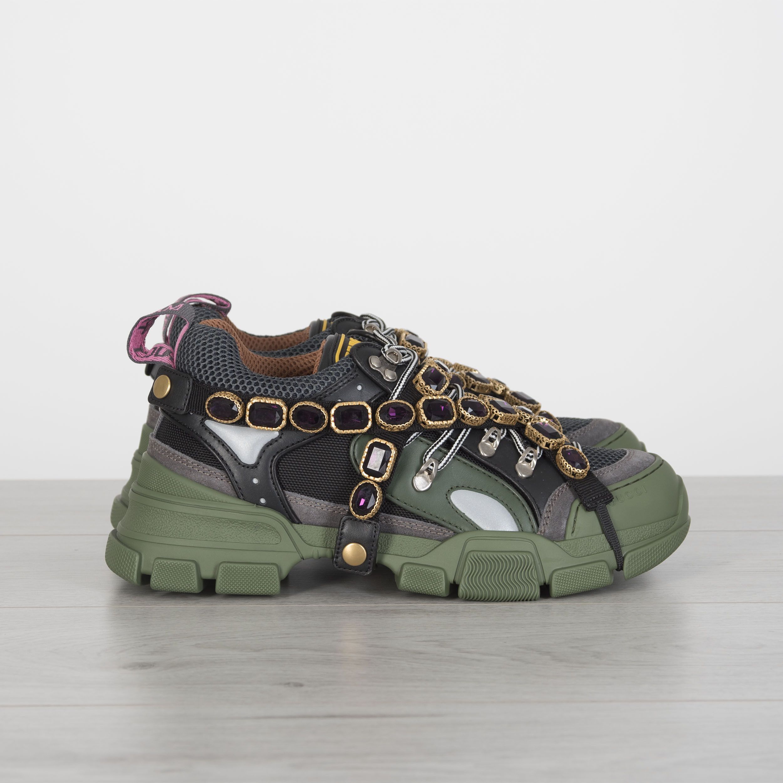 Gucci Flashtrek Sega Sneakers Removable Crystals In Black & Green ...