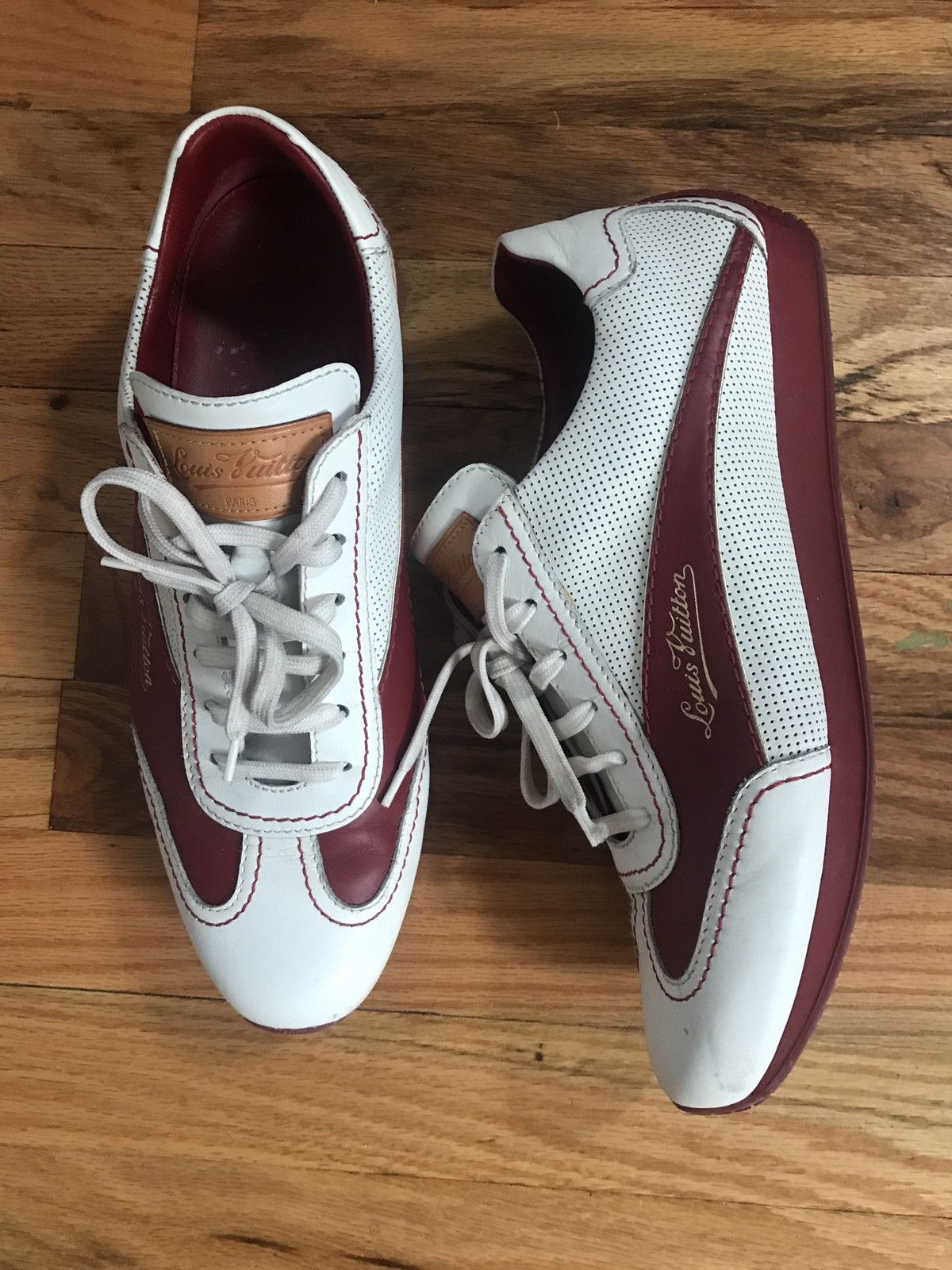 Louis Vuitton Red and White lowtop runners | Grailed