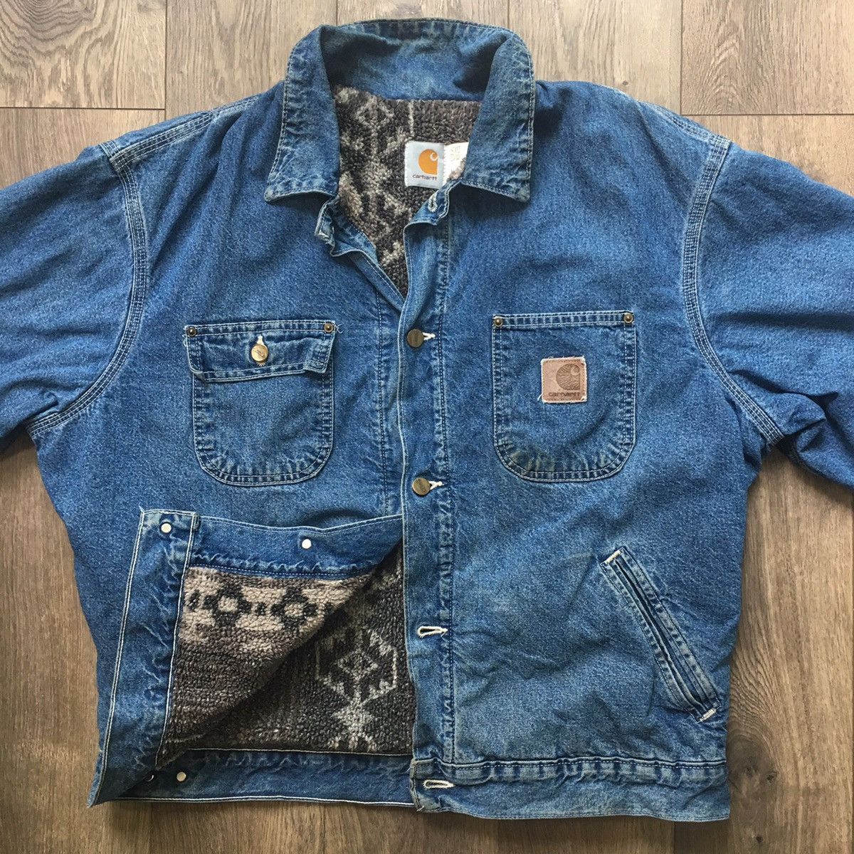 Carhartt Vintage Carhartt Aztec Print Sherpa-Lined Denim Barn Coat ...