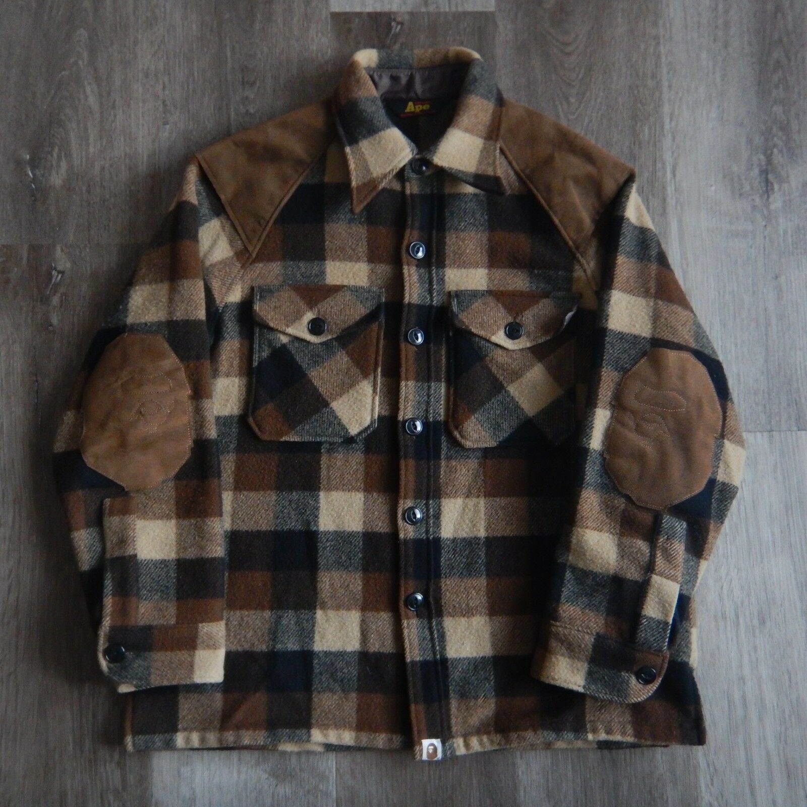 Bape Vintage Bape Flannel Shirt w/ Leather Ape Head Elbow Patches | Grailed