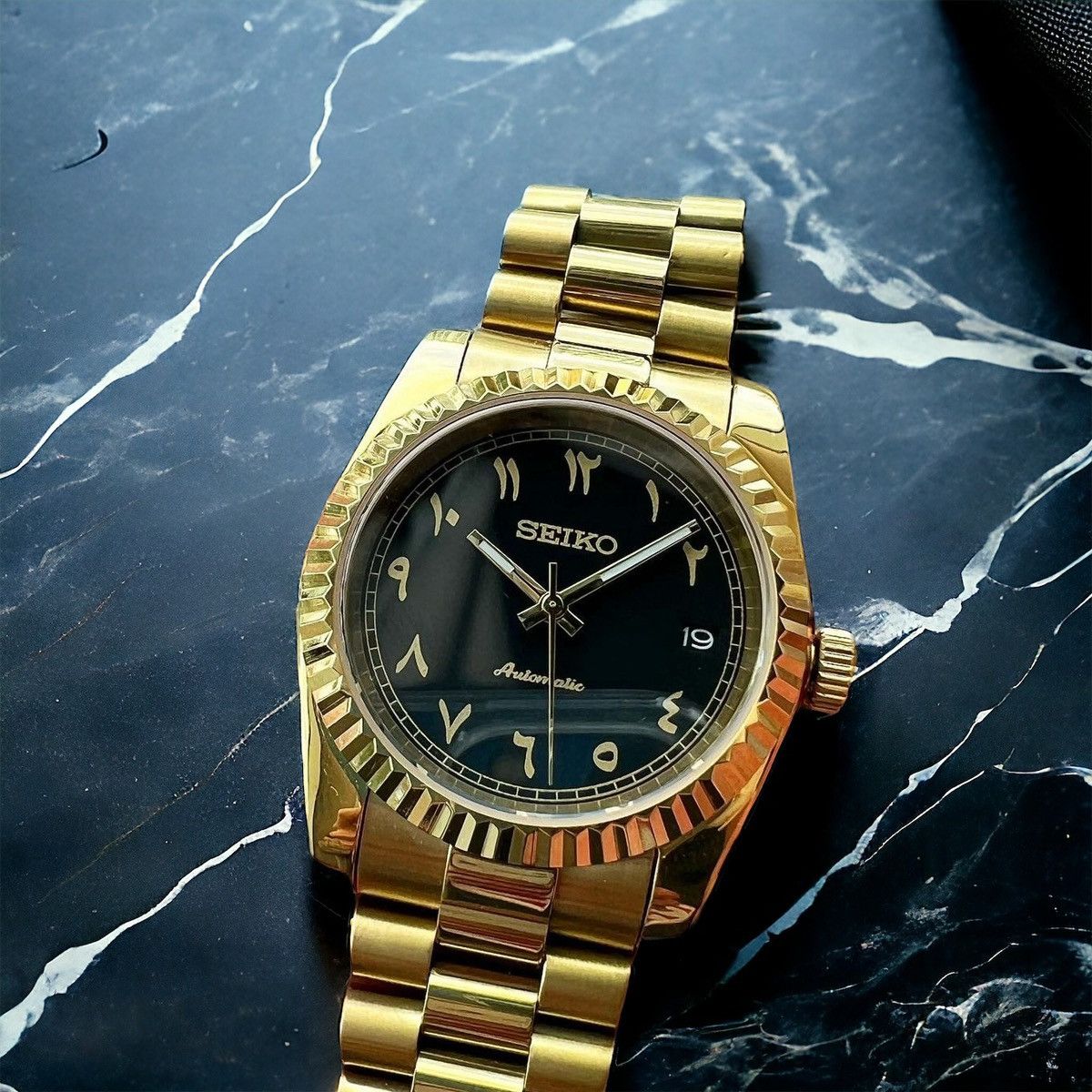 Seiko Seiko Mod Datejust Black Arabic Dial Gold Presidential Watch ...